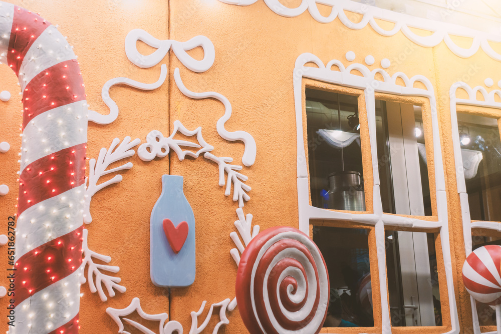 Gingerbread house. Facade of a building decorated like a gingerbread ...