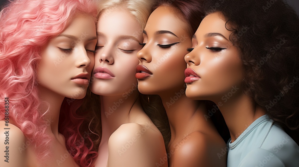 Female models of different skin colors and nationalities pose together ...