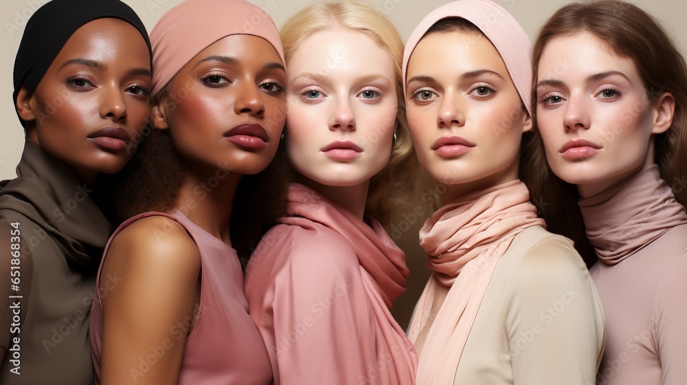 Female models of different skin colors and nationalities pose together ...