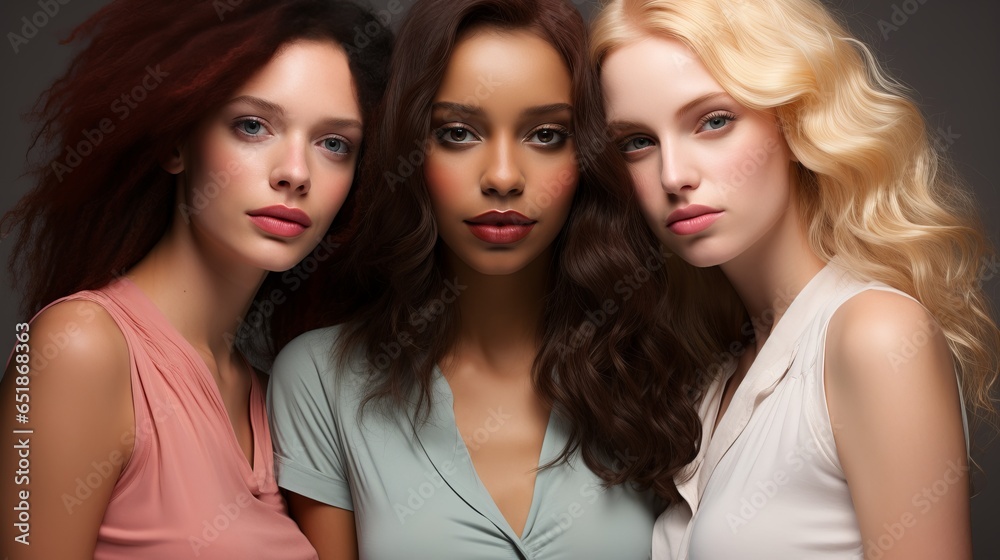 Female models of different skin colors and nationalities pose together ...