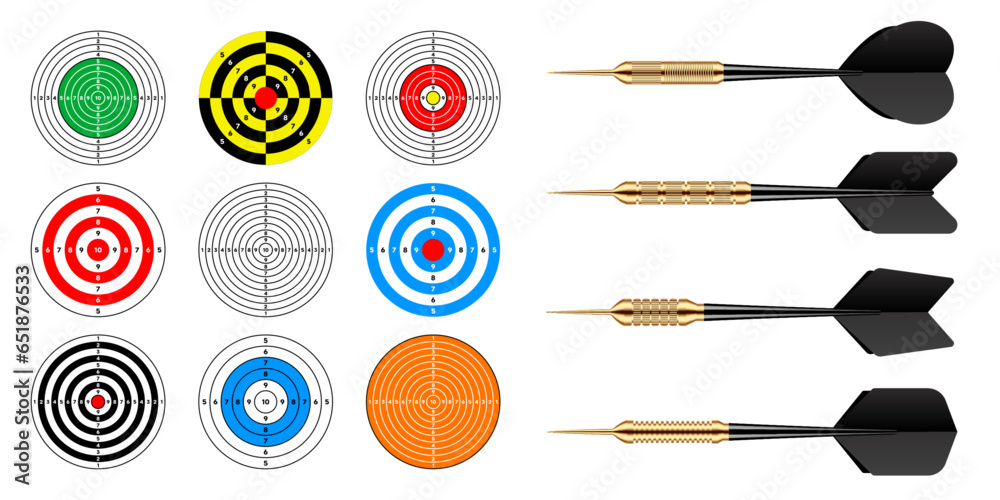 Paper targets with dart arrows. Shooting range round target, divisions ...
