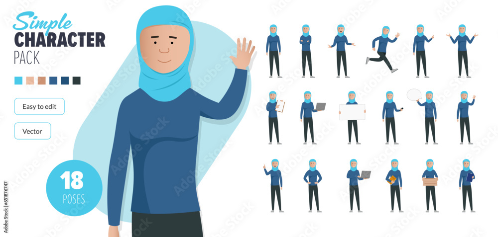 Simple flat female with headscarf vector character in a set of multiple ...