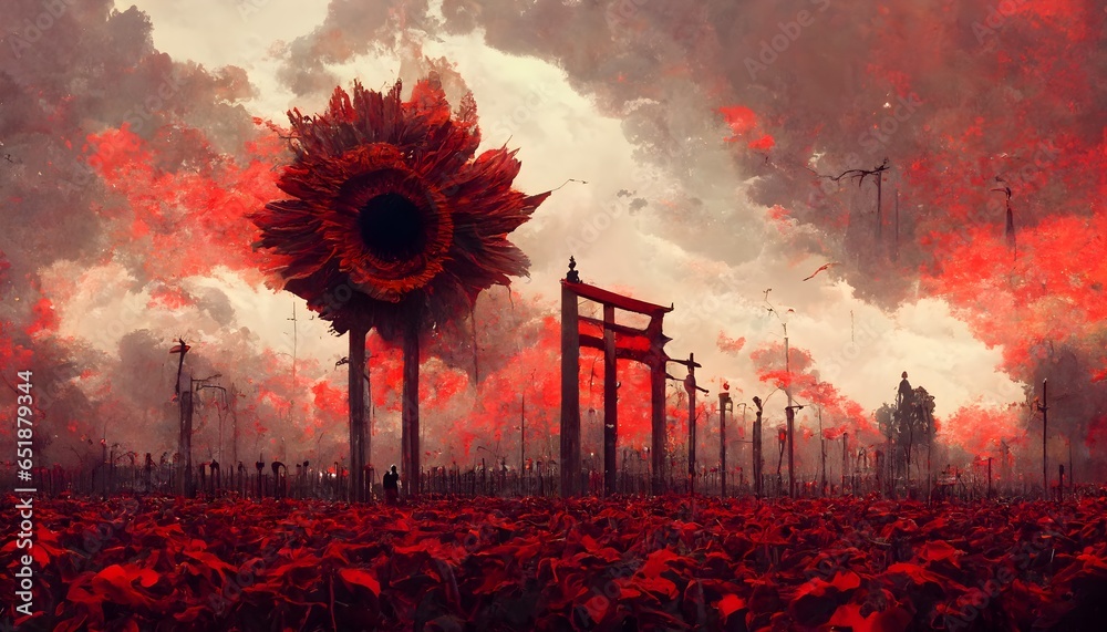 Ilustrace „voidcore darkness crimson red sky and sun A field of red ...