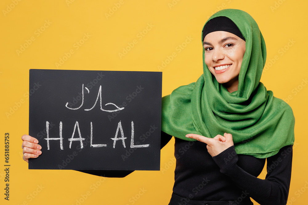 Young arabian asian muslim woman wear green hijab abaya black clothes ...