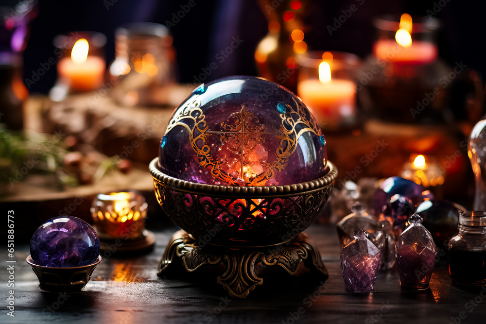 Crystal ball gazing with smoky incense illuminating mystical signs and ...