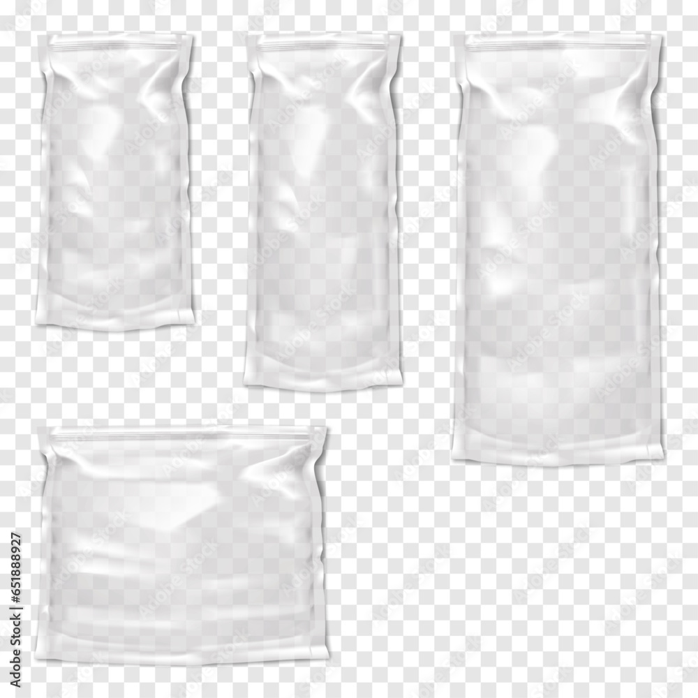Clear glossy plastic bag with zip lock vector mock-up set. Empty blank ...