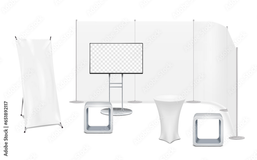 Exhibition mock-up set. Pop-up streamline backdrop, video digital LCD ...