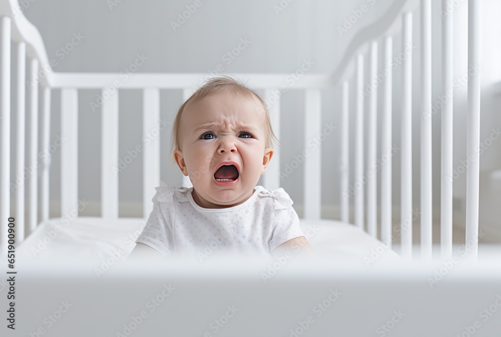 Crying baby.Crying baby in a crib. Stock Photo | Adobe Stock