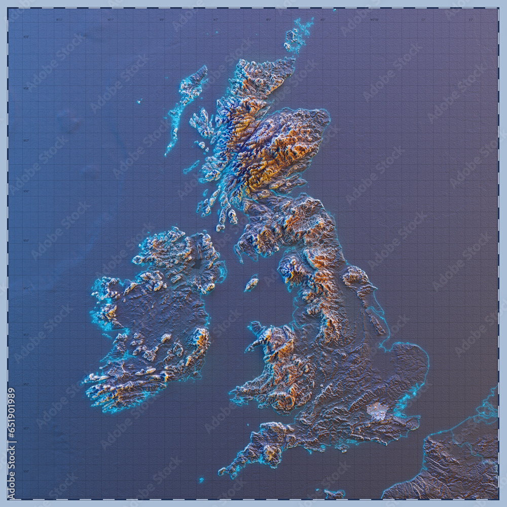 3D map of the United Kingdom of Great Britain, Northern Ireland with ...