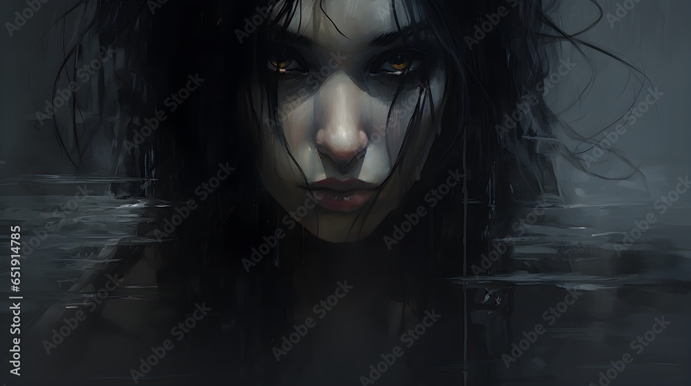 A portrait of a tormented woman with black hair, a black background ...