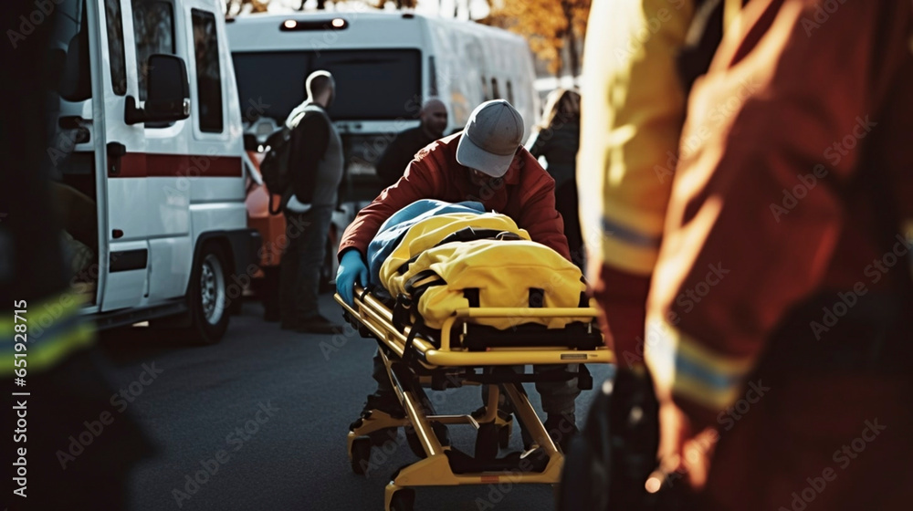 stockphoto, paramedic transporting a victim of a car accident on a ...