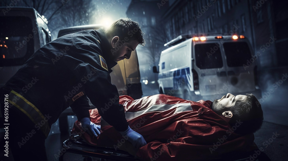 stockphoto, paramedic transporting a victim of a car accident on a ...