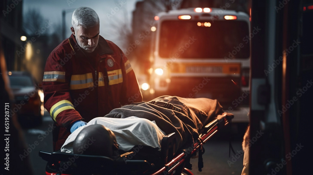 stockphoto, paramedic transporting a victim of a car accident on a ...