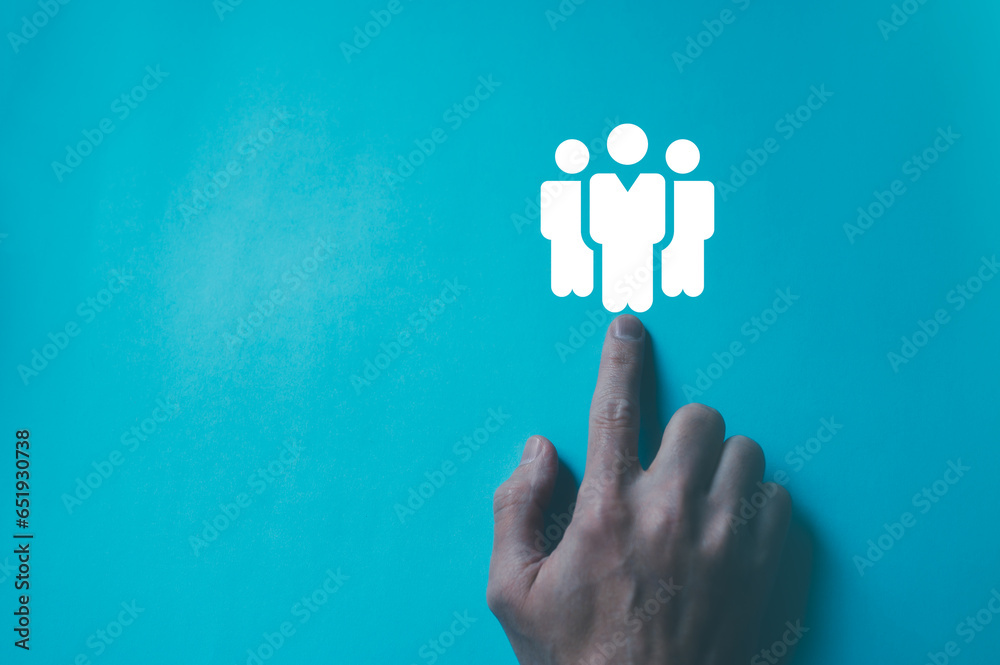teamwork team leader HRM or Human Resource Management, hand pointing at ...