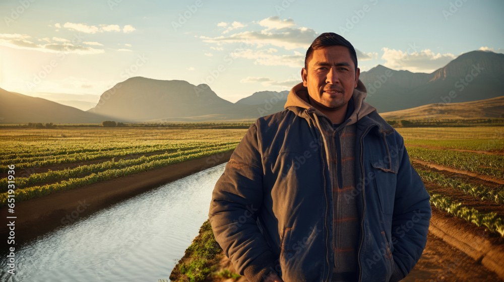 Portrait of a Native American Indian farmer in front of an irrigation ...