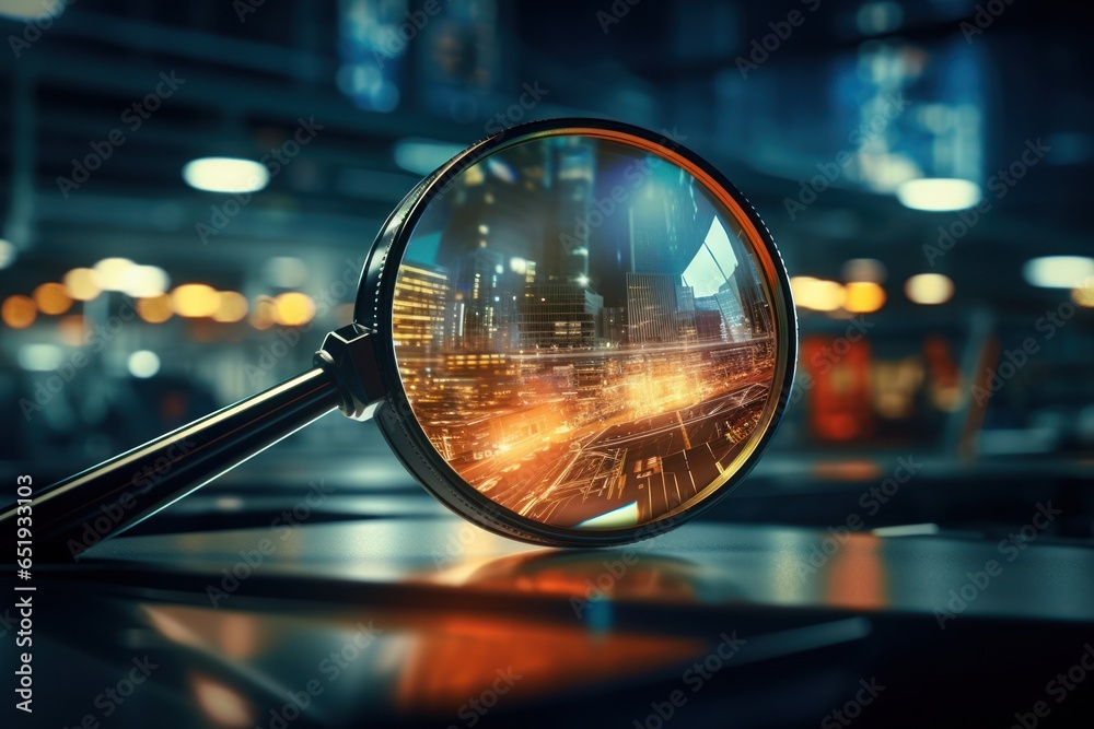 A detailed close-up view of a magnifying lens placed on a table. This ...