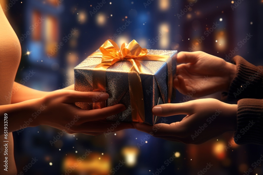 A person is seen giving a gift to another person. This image can be ...