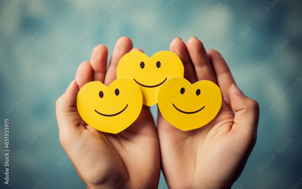 Female hands holding yellow paper cut heart happy smile faces, positive ...