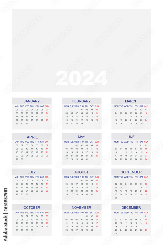 2024 wall calendar design template. The week starts on Monday. Book ...