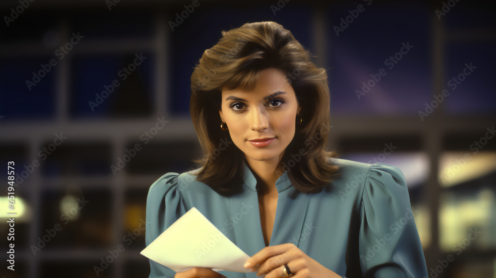 retro female news anchor in studio in the 80s wearing blue puffy dress ...