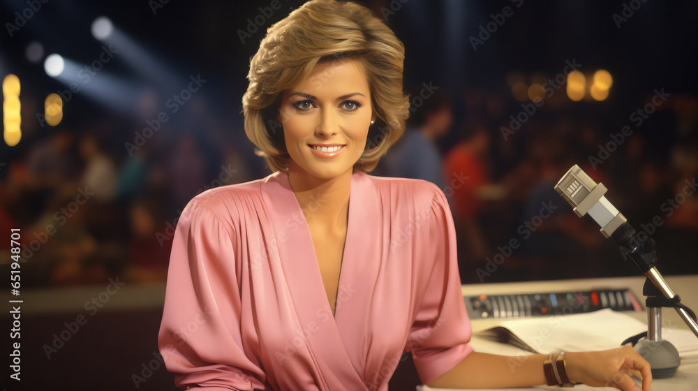 retro female news anchor in studio in the 80s wearing pink satin dress ...