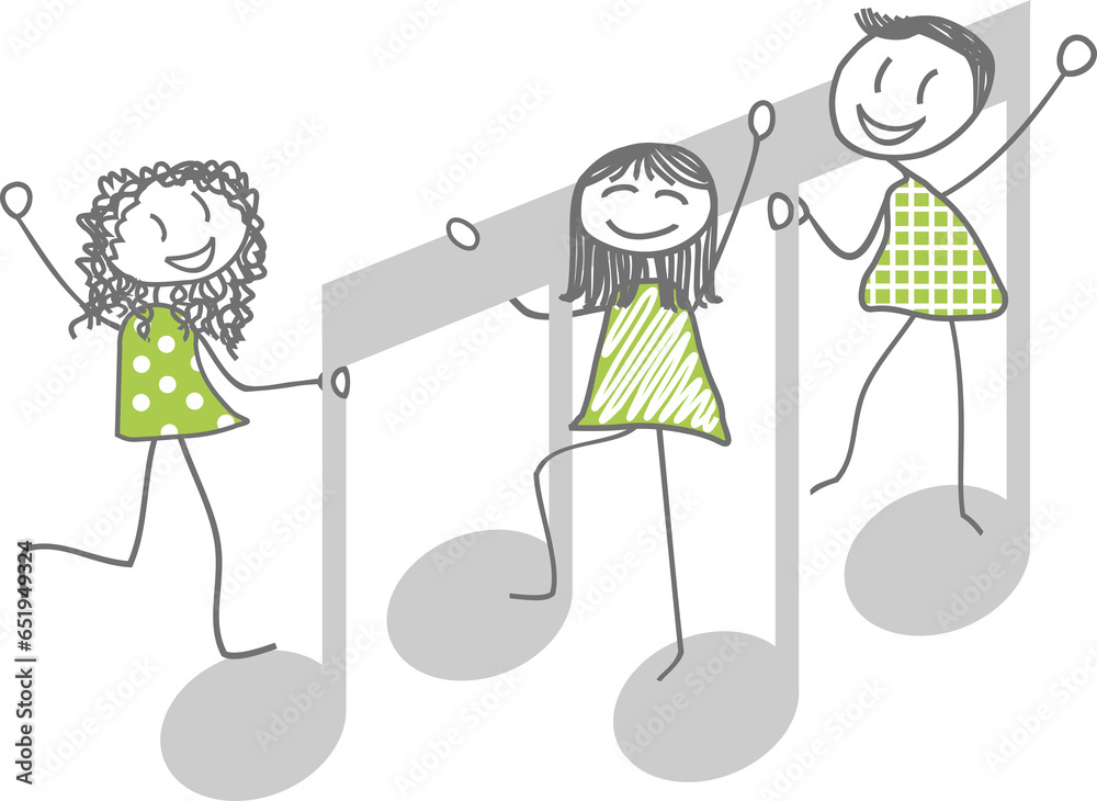 Small group of happy people on musical notes on a transparent ...