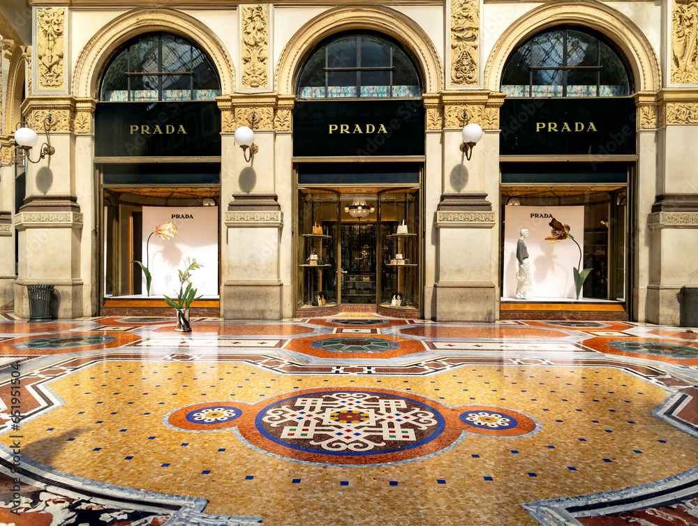 ITALY, MILAN, AUGUST, 25, 2023: Prada Milano Galleria Donna in shopping ...