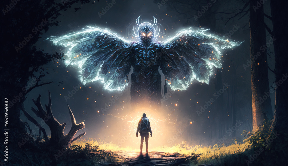 Cryptid creature with glowing eyes and wings, casting a spell on a person walking through the ...