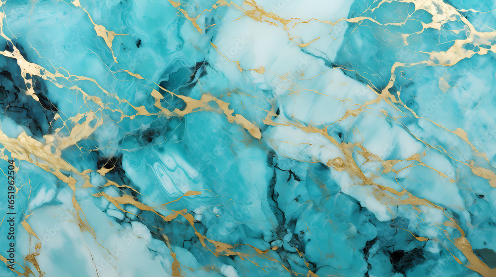 Abstract turquoise marble texture with golden lines on glossy surface ...