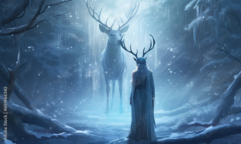 deer and person with antlers, fantasy pagan winter solstice. Stock ...