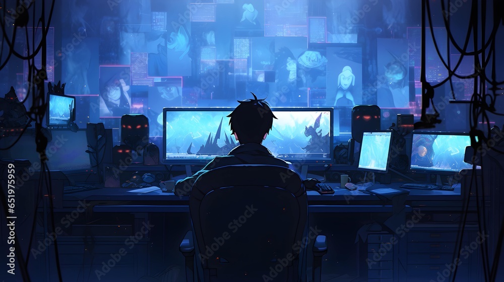 Anime boy editor is editing the video at the computer. Generation AI ...