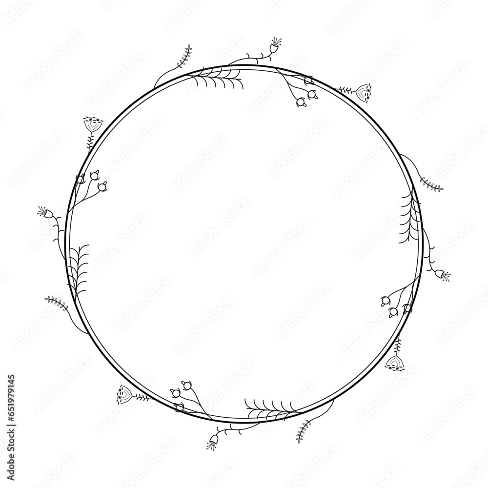 Abstract Black Simple Line Round Circle With Leaf Leaves Frame Flowers ...