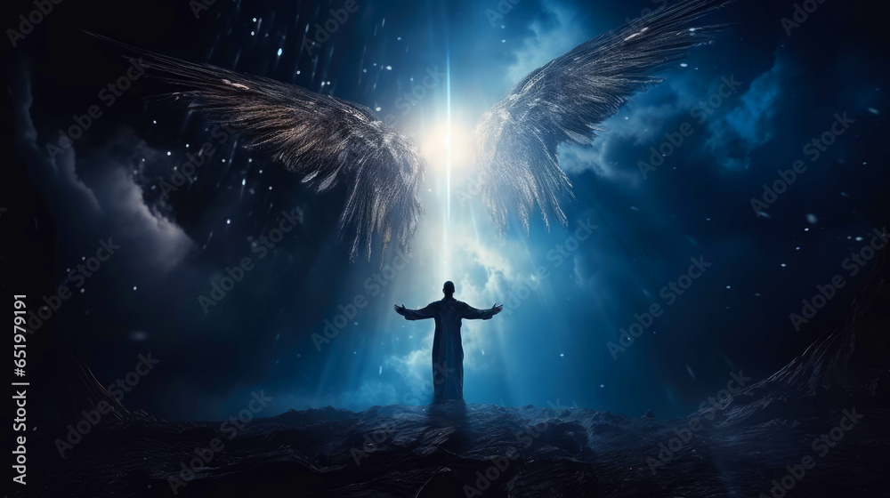 Angel, the messenger of God. Man spreading his arms under wings with a ...