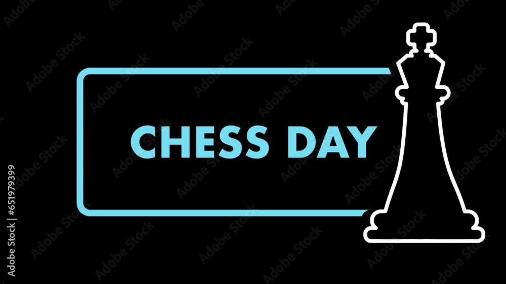"World chess day" animation. Outline of chess piece with text in front ...