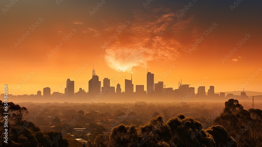 urban skyline with heat waves rising, illustrating the urban heat ...