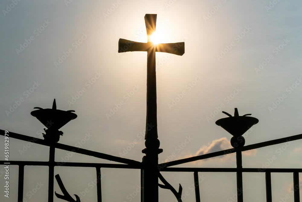 Cross with sun rays at the Church of the Beatitudes in Israel. Stock ...