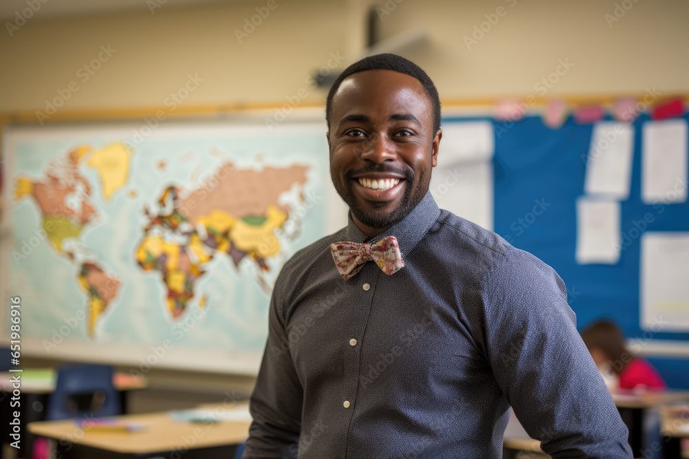 Black african male geography teacher wearing beard and tie, smile in ...