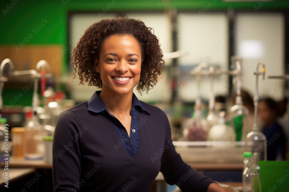 Black african female science teacher smile in school classroom with ...