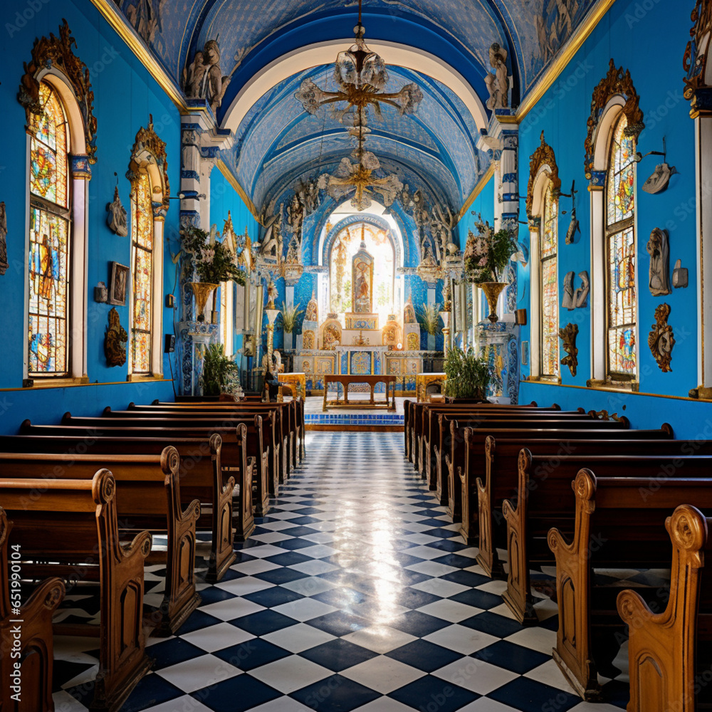 Interior de una iglesia católica, paredes de color azul y altar dorado ...