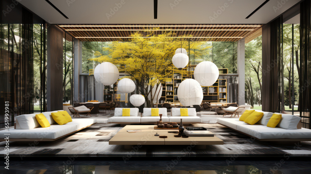 Minimalist Room with Yellow Patterns and Plant Touch. Futuristic ...