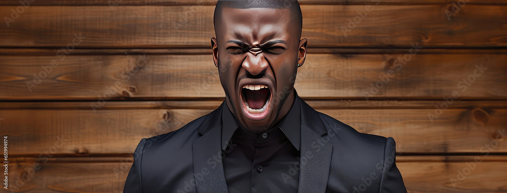 Anger African Man In Black Suit On Wooden Plank Background African ...