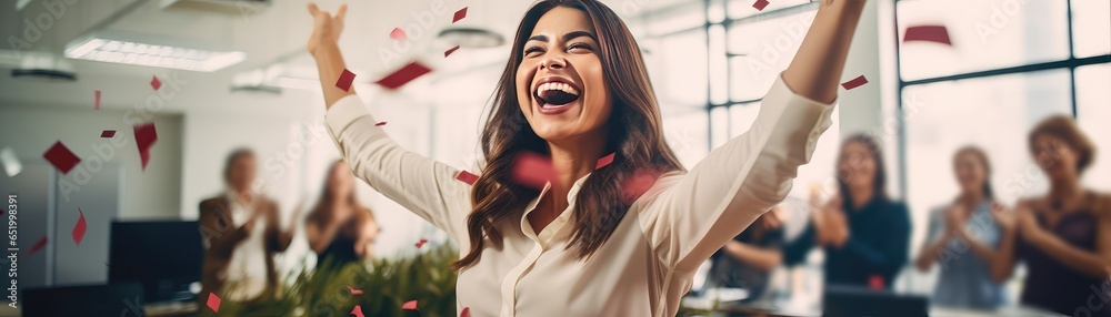 Woman Celebrating Her Promotion With Colleagues At The Office Panoramic ...