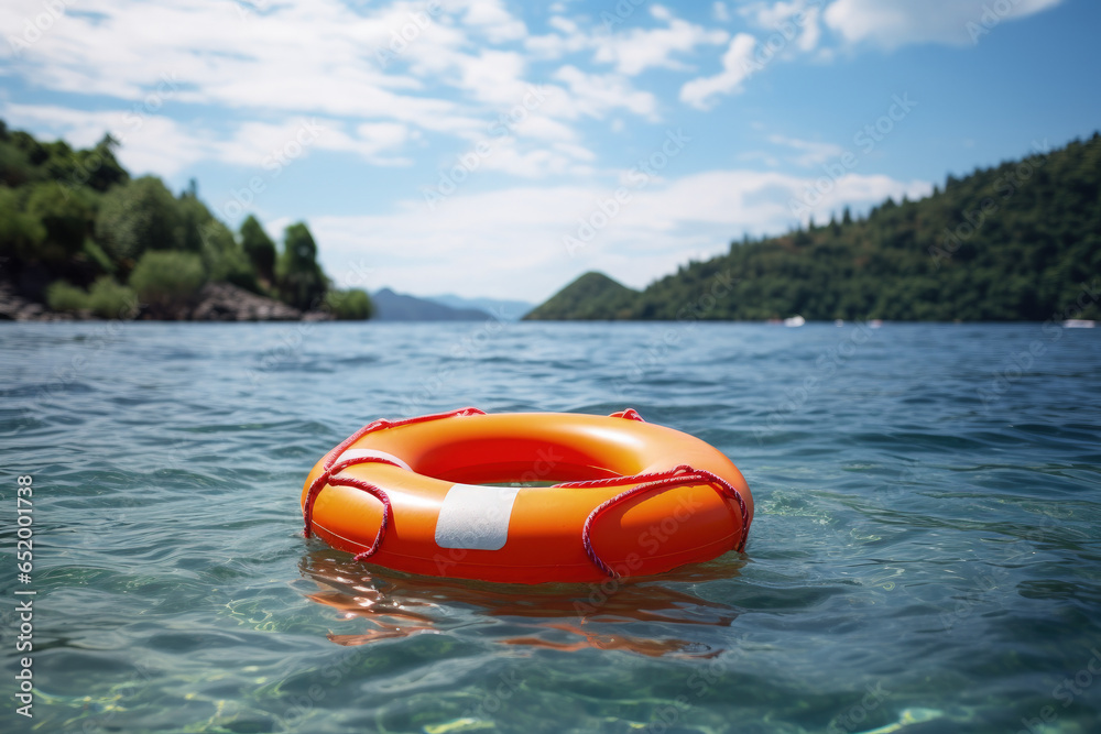 A rescue buoy floating on the sea, a vital tool to rescue people from ...