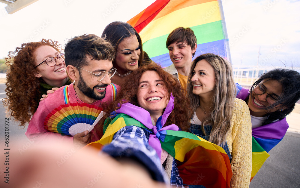 Fun selfie LGBT group young friends celebrating gay pride day together ...