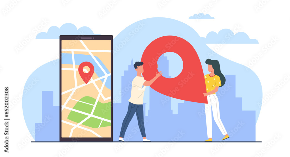 Guy and girl carrying large sign on map, changing office location ...