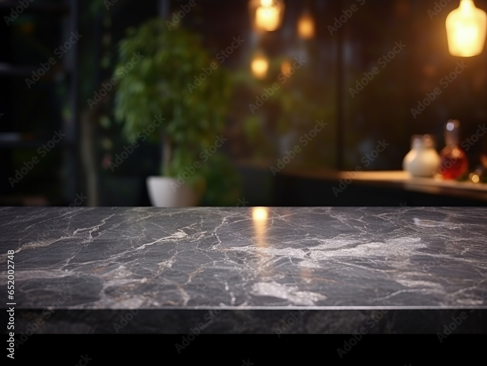 An empty dark marble table for product display in a modern kitchen ...