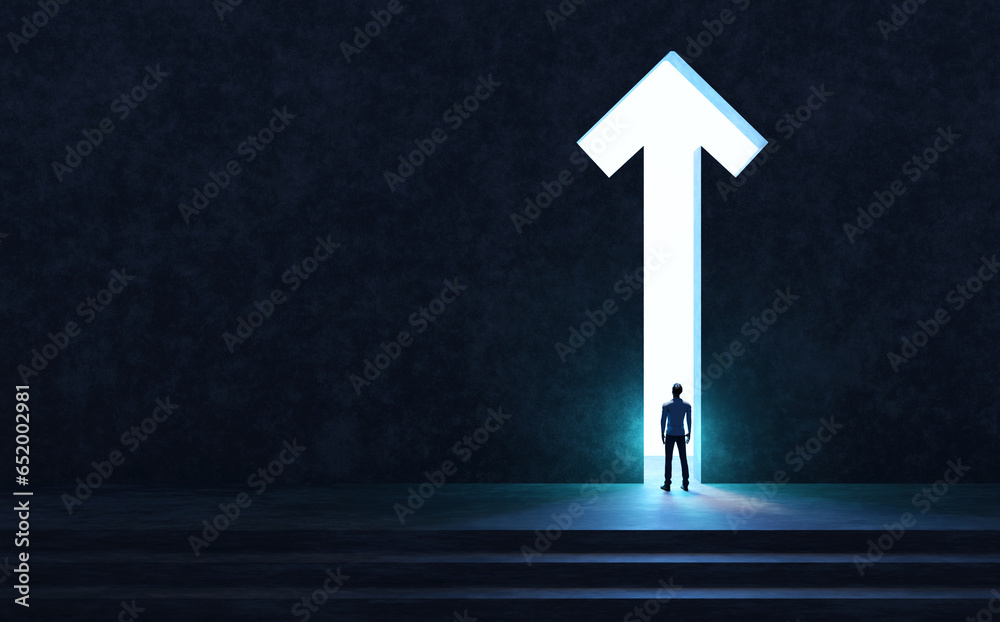 Successful businessman climbing up the stairs to arrows pointing up ...