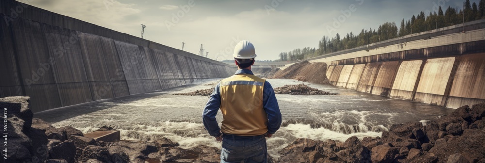 Foto de Hydroelectric Dam Inspection A Professional Engineer Carefully ...