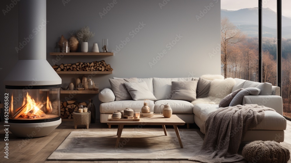 Interior design of a scandinavian living room with a fireplace and a ...