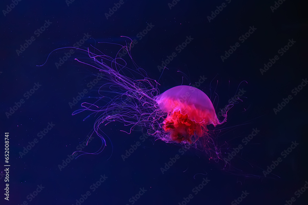 Fluorescent jellyfish swimming underwater aquarium pool with red neon ...